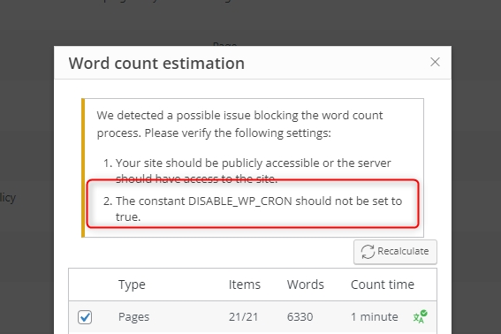 Word count estimation tool displays a warning if cron jobs are disabled - WPML