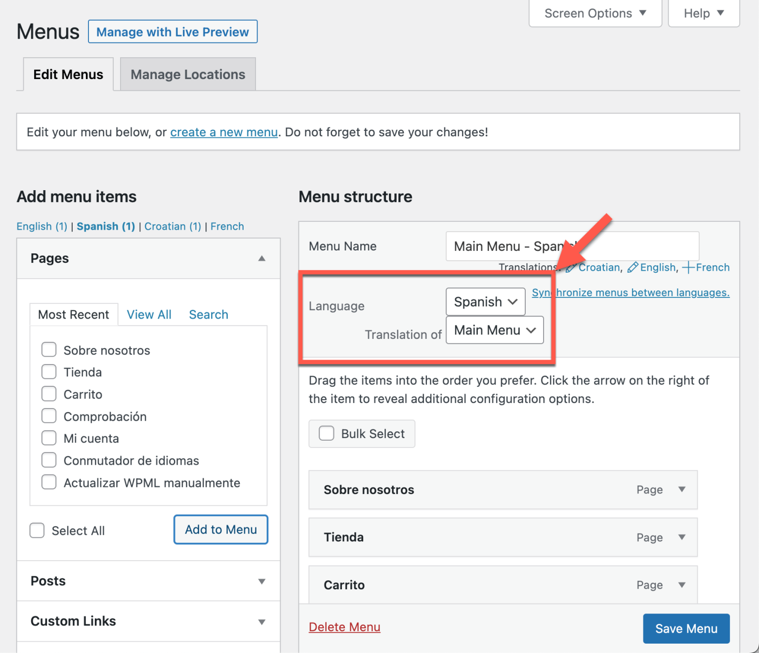 Translating Menus - WPML