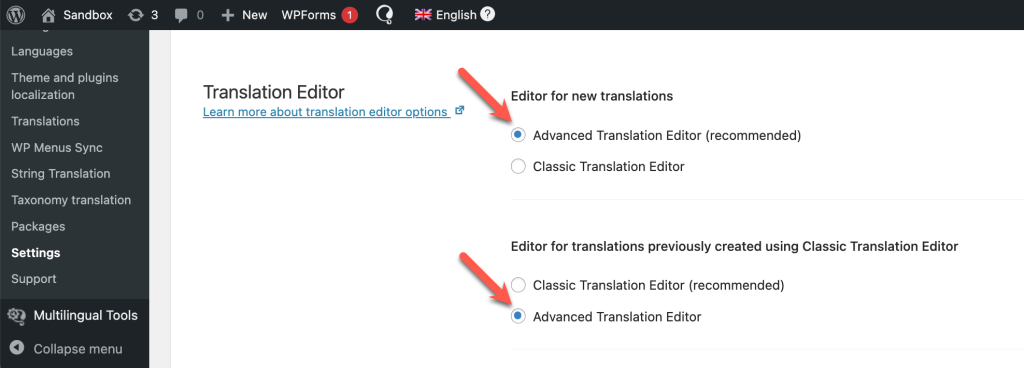 How to Switch from the Classic Translation Editor to the Advanced Translation Editor - WPML