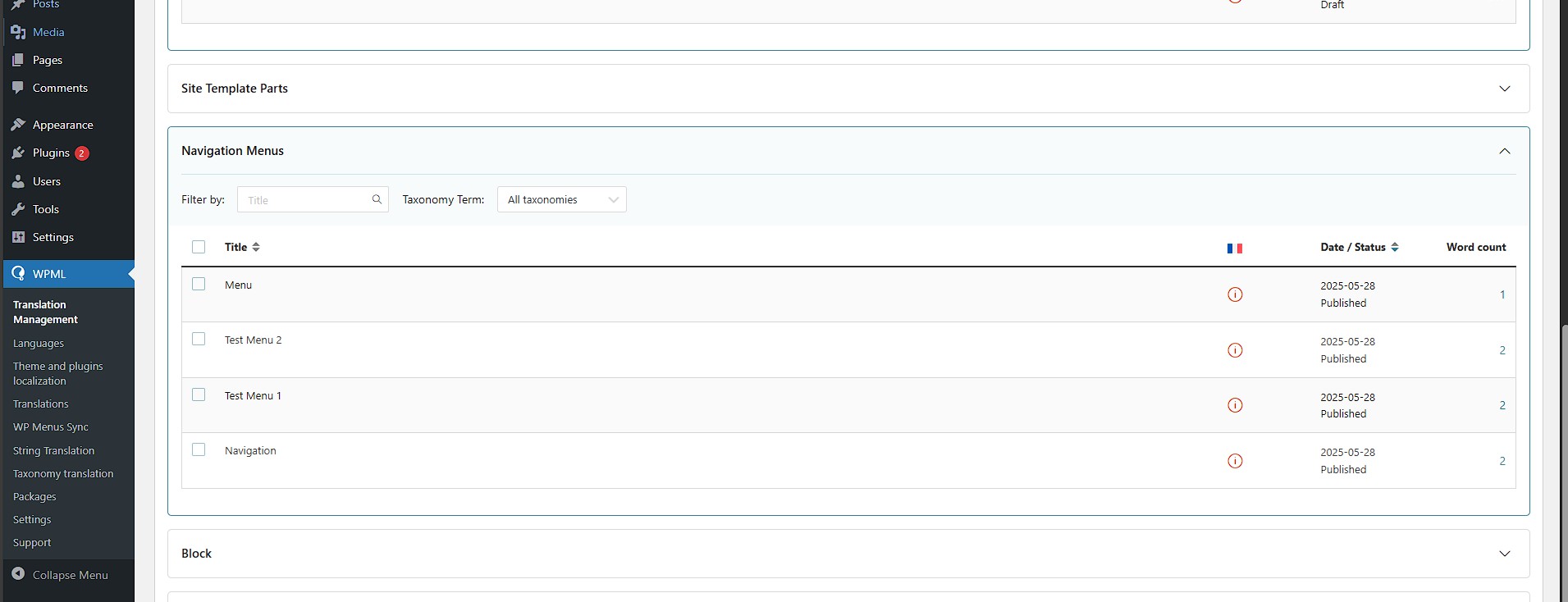 Full Site Editing menus missing language details - WPML