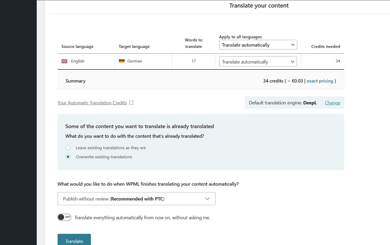 Split: unable to overwrite translations with PTC - WPML