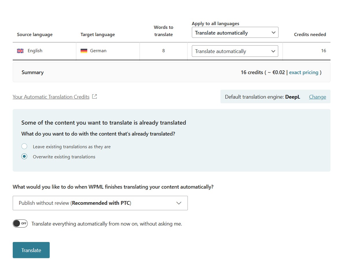 Split: unable to overwrite translations with PTC - WPML